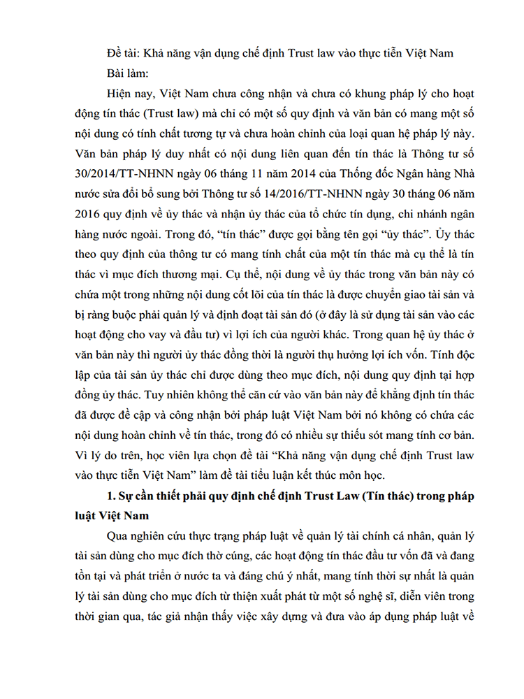 [Tiểu luận 2025] Khả năng vận dụng chế định Trust law vào thực tiễn ...